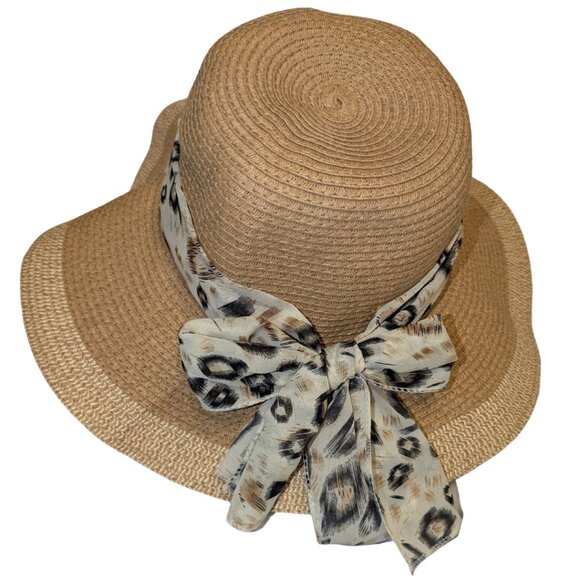 Jacobson | Accessories | Jacobson Straw Hat Leopard Scarf Bow Wide Brim ...